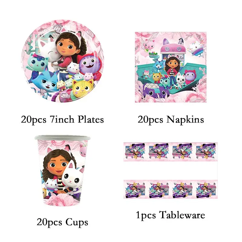 Decoración de fiesta de cumpleaños de casa de muñecas Gabby, vajilla temática de gato de dibujos ...