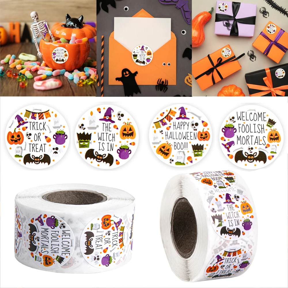 500pcs Halloween label Stickers Rolls Trick or Treat Pumpkin Round ...