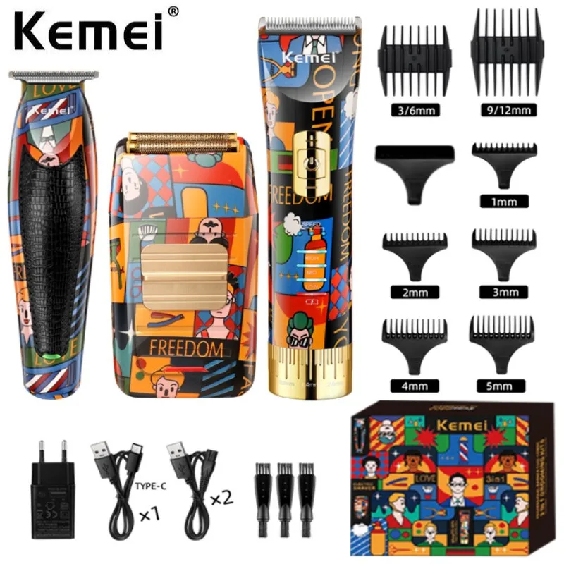 Kemei máquina de corte cabelo barbeiro sem fio aparador clipper cabelo dos homens kits barbeador ...