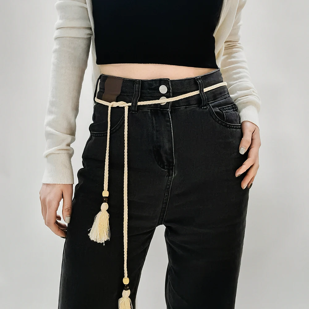 Women Waist Belt Rope Chinese Style Braided Woven Tassel Thin Belt ...