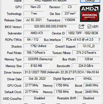 MLLSE AMD Radeon 비디오 게임 그래픽 카드, 지지대 데스크탑 CPU, RX 6600M, 8GB, GDDR6, 128 ...
