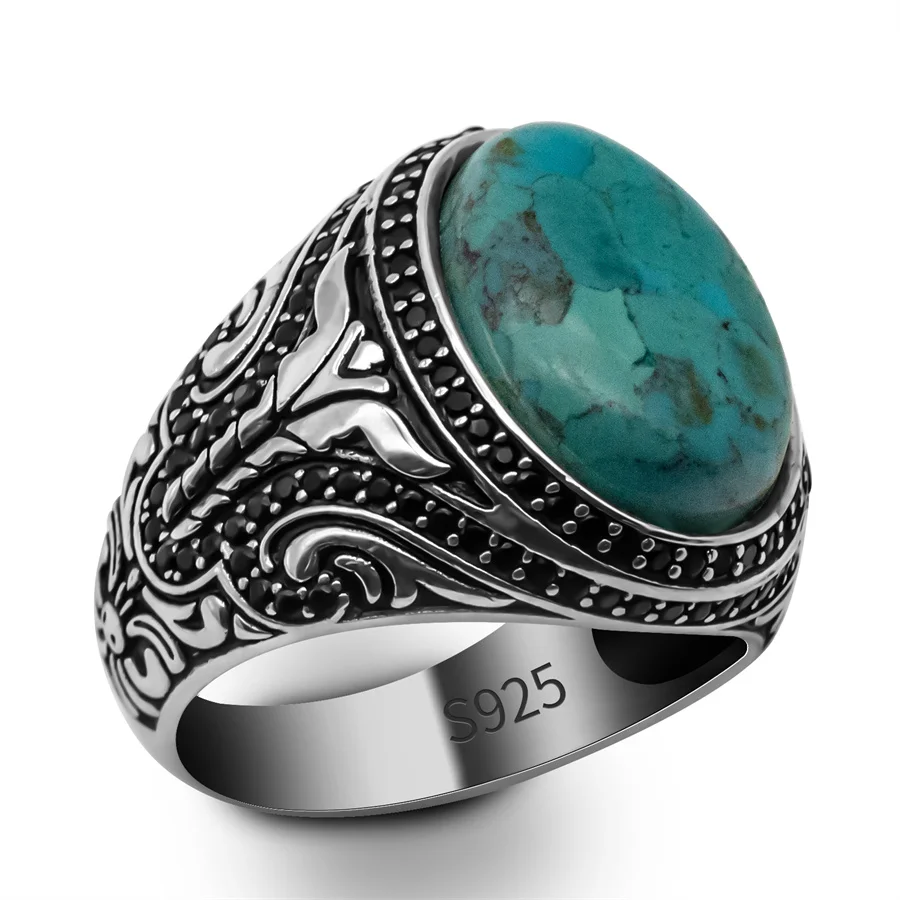 Natural-Turquoise-Stone-Ring-Men-Pure-Sterling-Silver-925-Gemstone-Ring ...