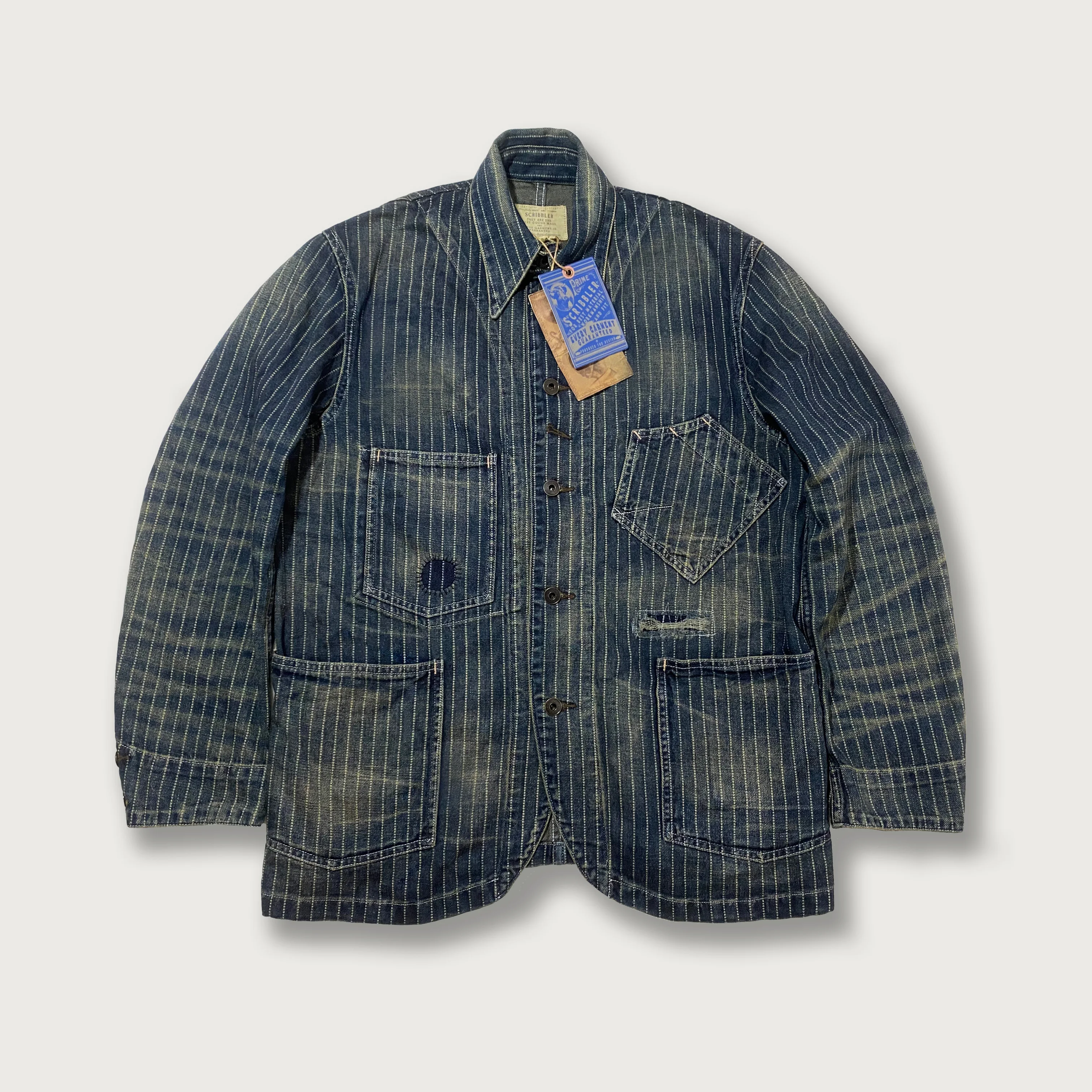 Striped-Denim-Jacket-for-Men-11oz-Washed-Loose-Fit-Railroad-Engineer ...