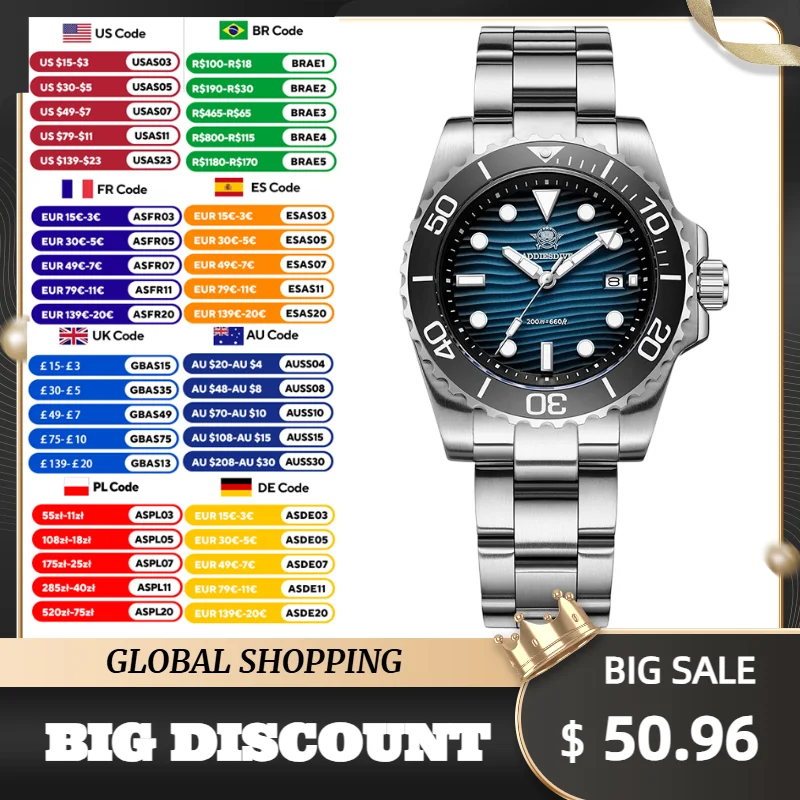ADDIESDIVE 41mm Quartz Watch For Man Japan 2115 Super Luminous 200m ...