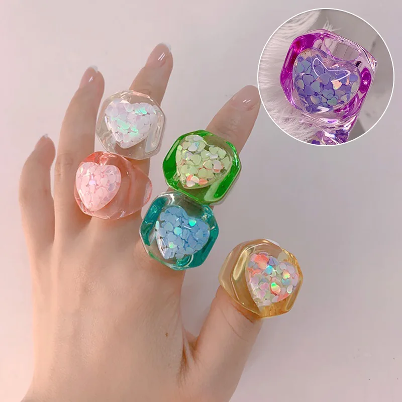 New-Love-Shiny-Sequin-Square-Geometric-Rings-Transparent-Resin-Plastics ...