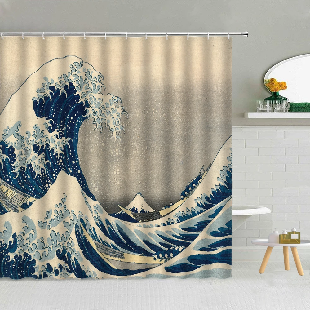 Waves-Shower-Curtain-Wooden-Boat-Sea-Wave-Retro-Backdrop-Bathroom-Decor ...