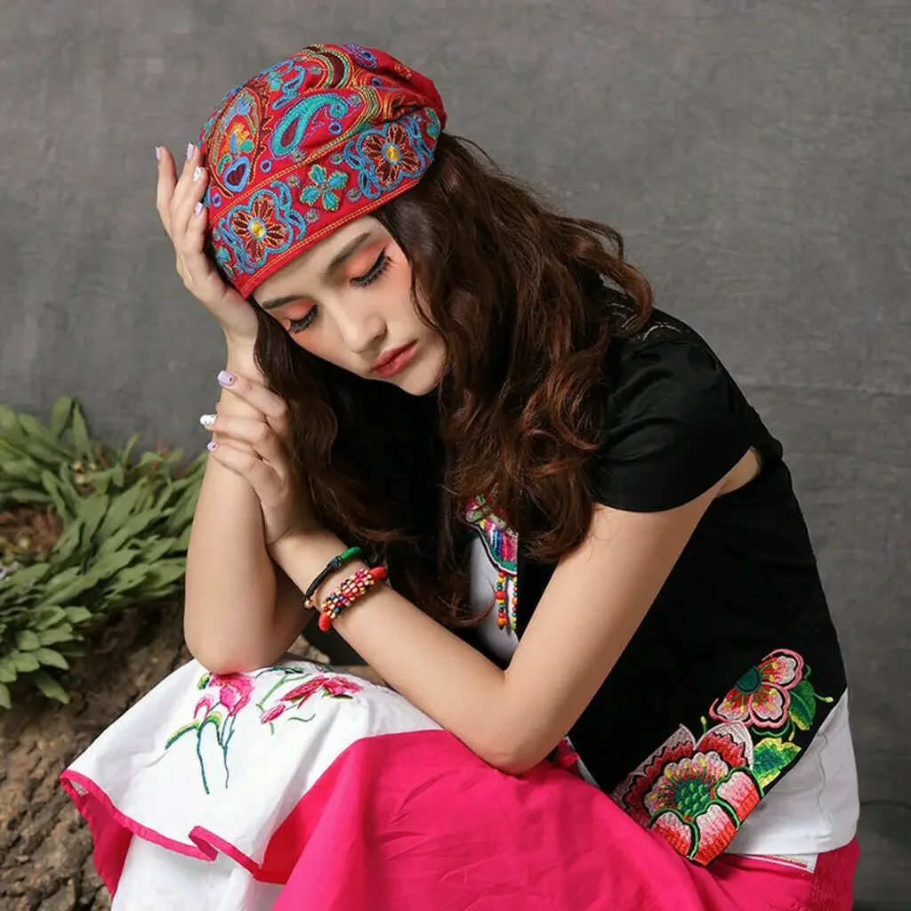 Women-Ethnic-Vintage-Embroidery-Flowers-Bandanas-Red-Print-Hats-for ...