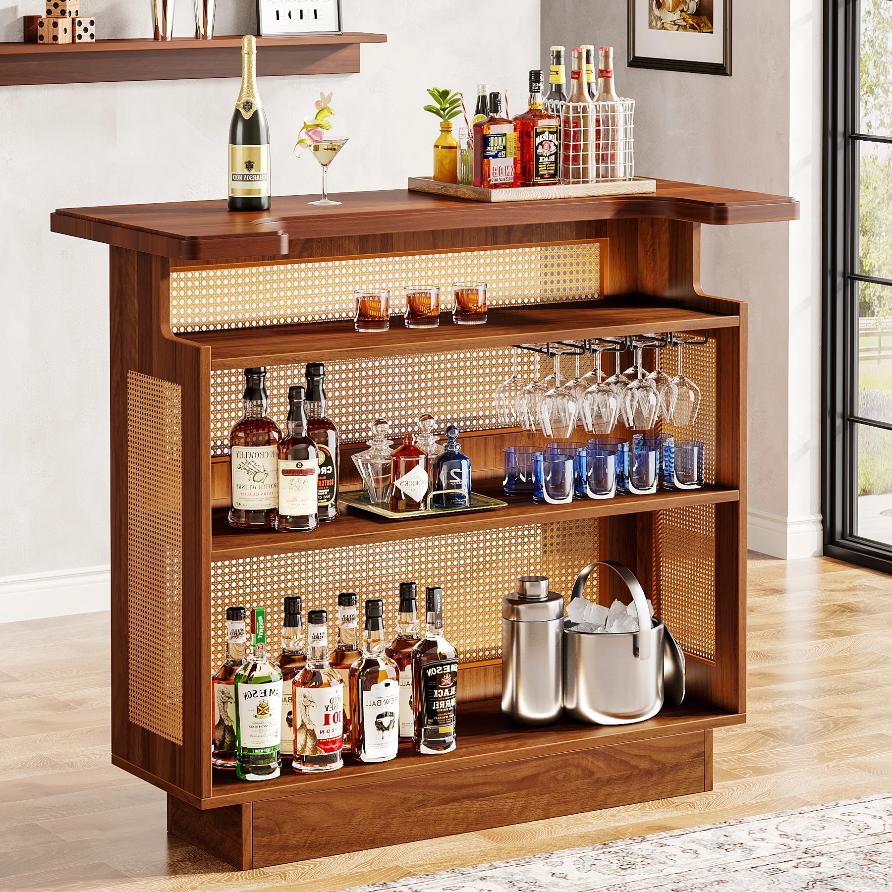 Tribesigns Rattan Home Bar Unit, Farmhouse 4-Tier Bar Table with 4 ...
