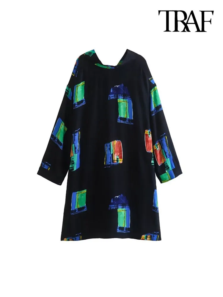 TRAF Women Fashion Printed Oversized Dress Vintage High Neck Long ...