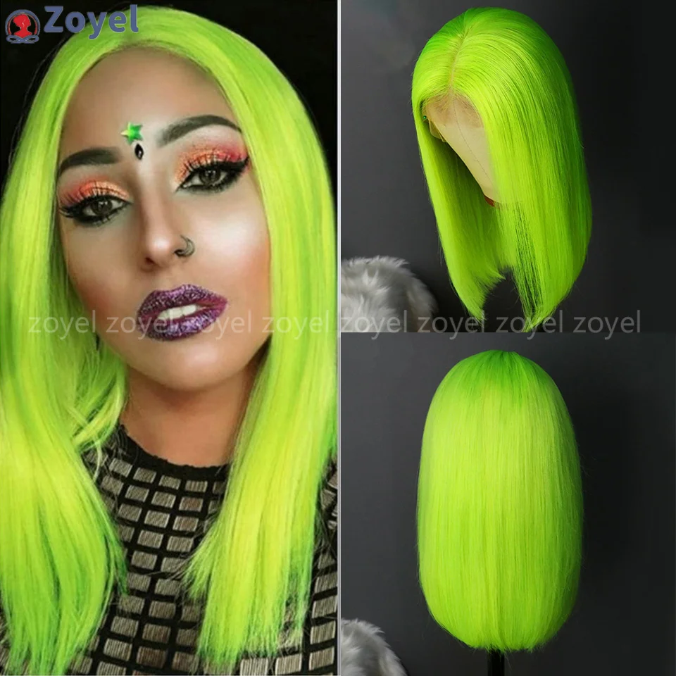 Neon Green Wig Straight Synthetic Lace Front Wig Medium Part Long Silky ...