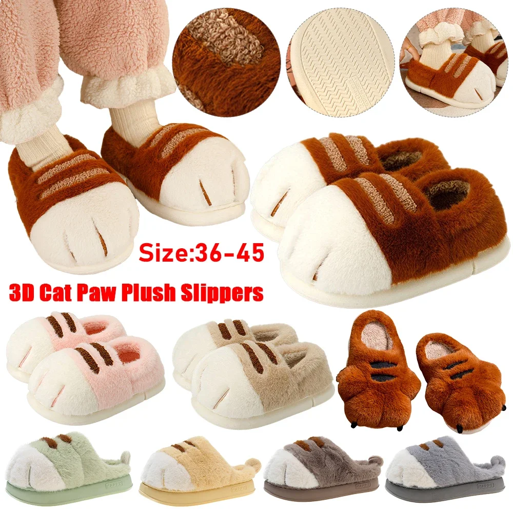 3D Cat Paw Plush Slippers Fluffy Home Slippers Anti Slip Furry Paw ...
