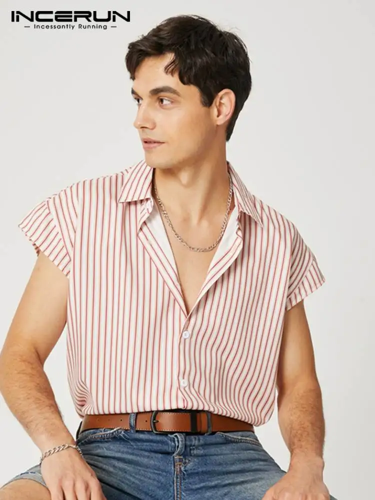 INCERUN Tops 2022 Fashion New Men's Collared Stripe Shirts Summer ...