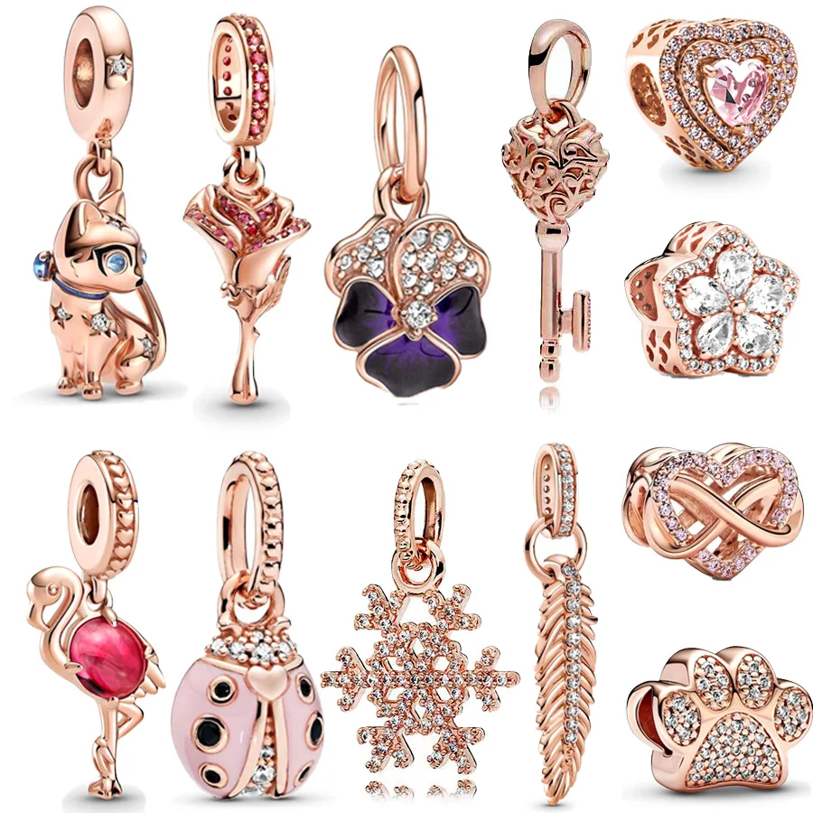 Rose-Gold-Series-925-Sterling-Silver-Flamingo-Cat-Rose-Flower-Dangle ...