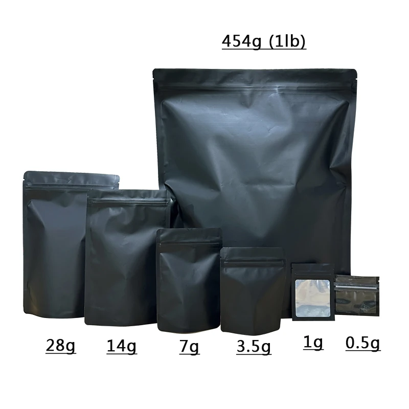 0.5g 1g 3.5g 7g 14g 28g 454g 1lb Pound Black Matte Color Zipper Bag Smell Proof Pouch One Side ...
