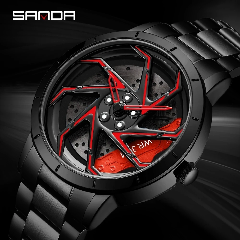 SANDA-Quartz-a-o-inoxid-vel-Band-Watch-Girando-Dial-carro-Rim-Roda-em ...