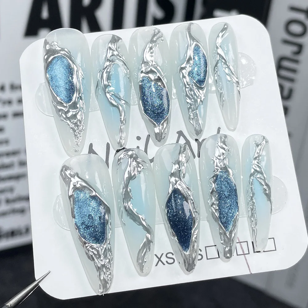 Handmade Y2K Press on Nails Luxury Blue White Long Metallic False Nails ...
