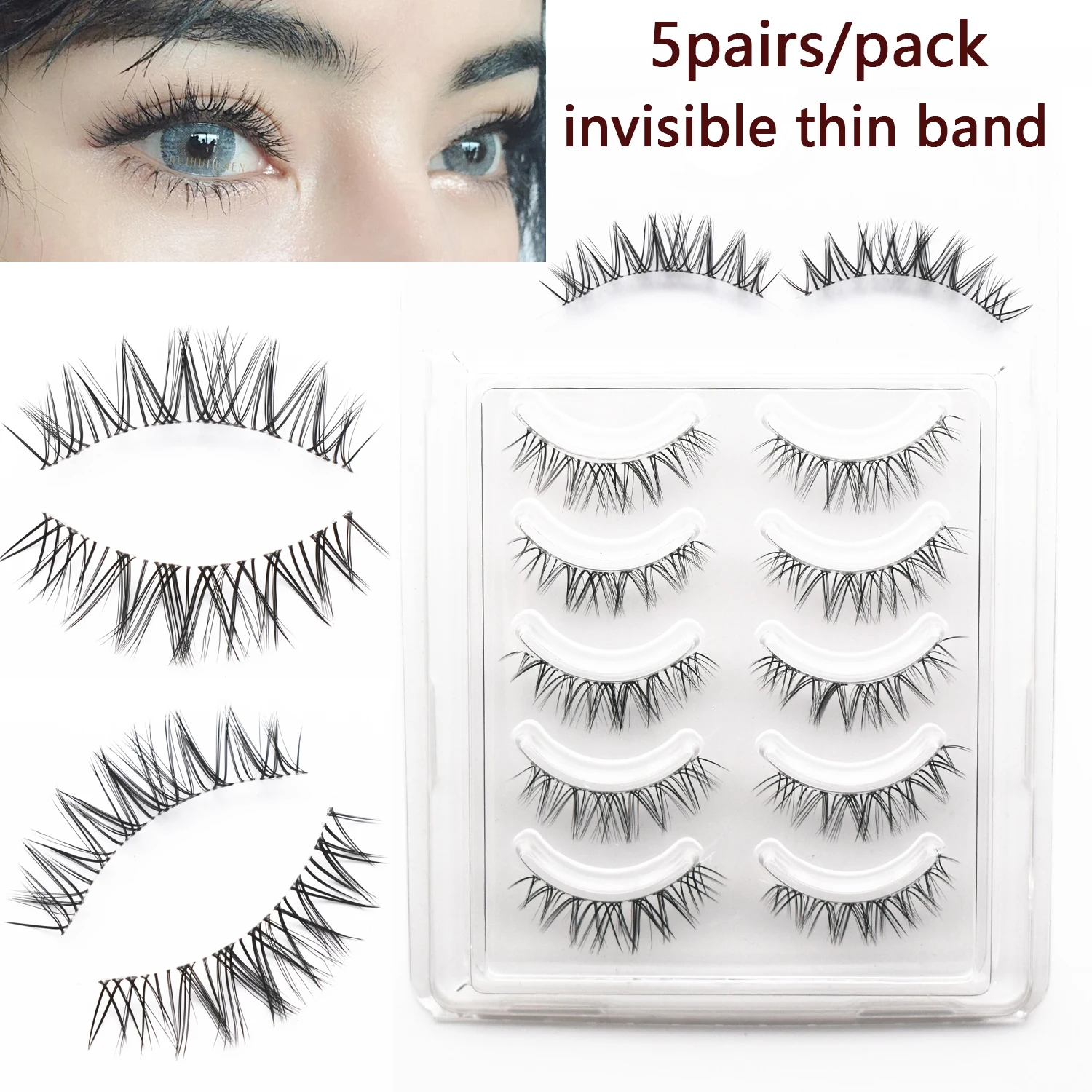 5pairs/Pack Eyelashes Invisible Thin Band False Eyelashes Wispy Natural ...