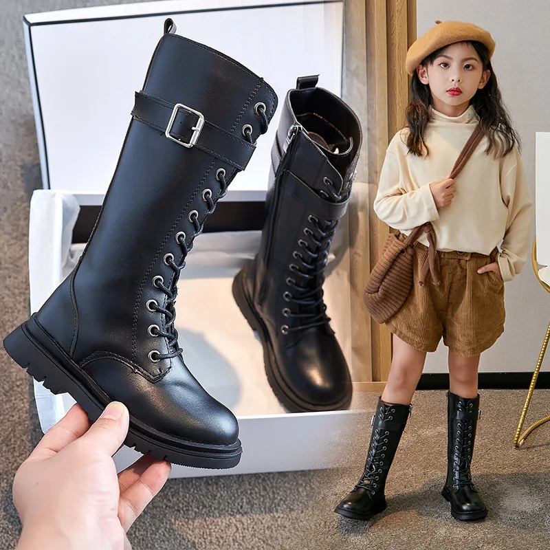Fashion Solid Colors Zip Kids Leather Boots Children Girls High Mid ...