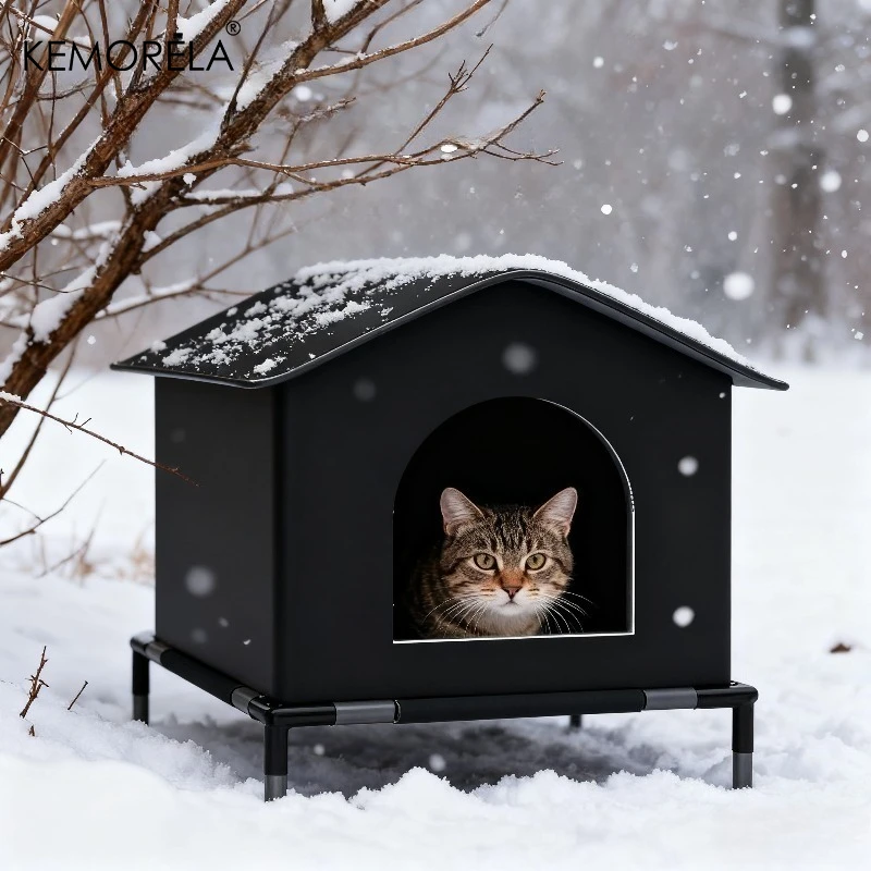 New Black Four-Season Outdoor Cat House with Oxford Cloth And Stand ...