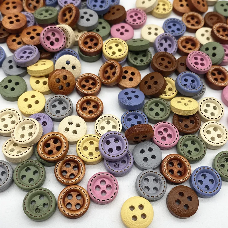 New 10mm 50pcs Wood Round Four-eye Buttons, Dotted Line Wood Mini ...