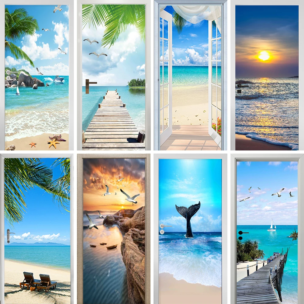 Sea-View-Beach-3D-Door-Mural-Sticker-Self-Adhesive-PVC-Blue-Sky-Summer ...