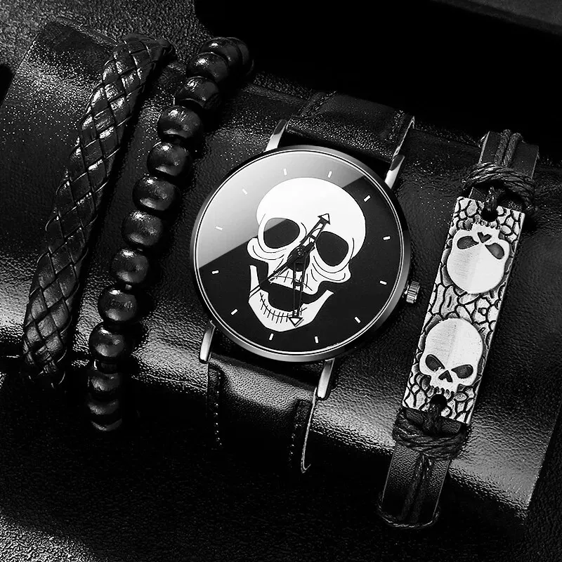 4Pcs-Mens-Black-Watches-Skull-Pattern-Dial-Design-Luxury-Leather-Band ...