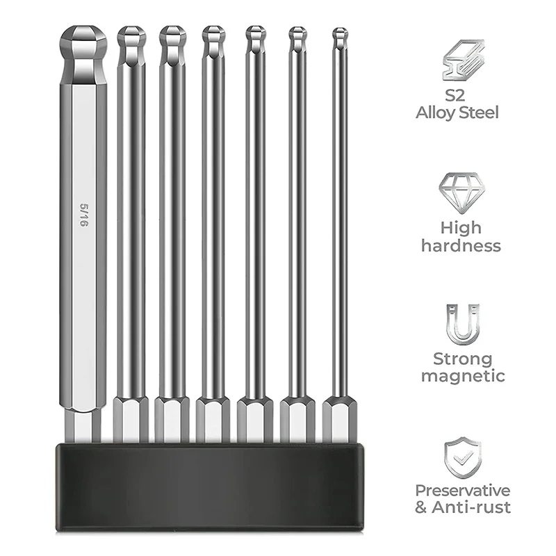 7Pcs 100mm SAE Ball End Hex Shank Allen Wrench Screwdriver Drill Bits ...