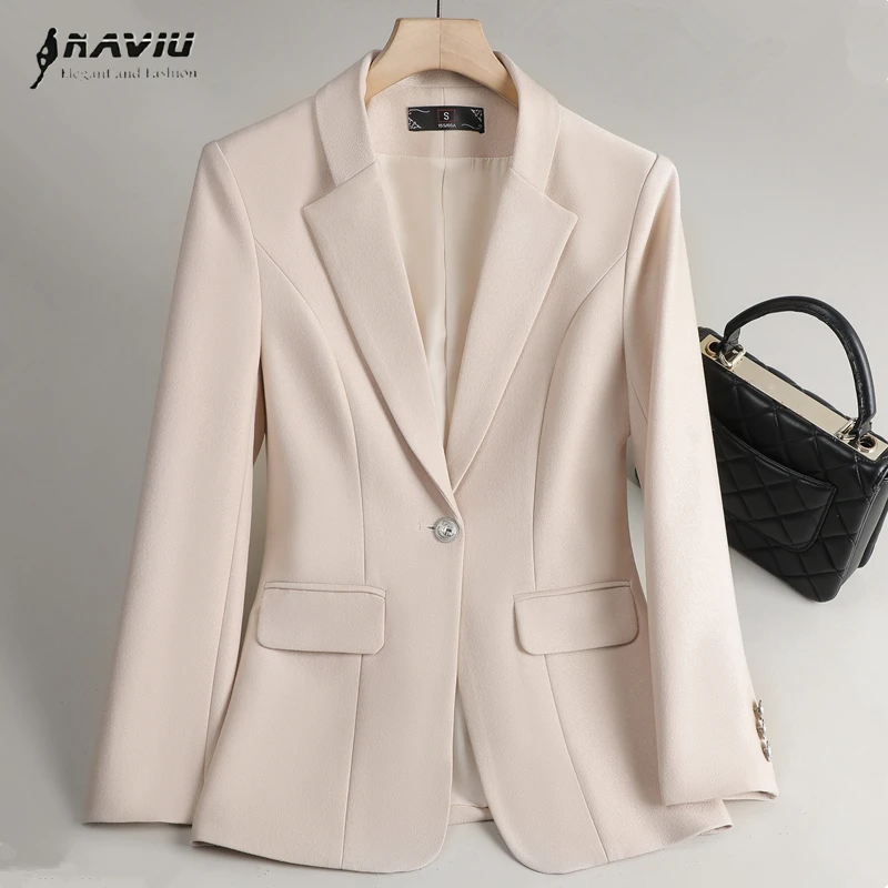 NAVIU Apricot Split Blazer For Women Elegant Single Button Long Sleeve ...