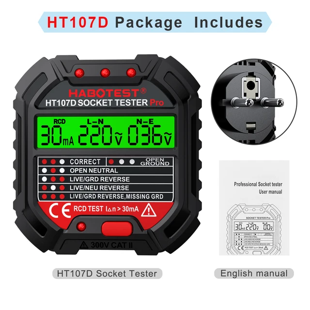 HABOTEST HT107 Pro Socket Tester Voltage Test Socket Detector EU Plug ...