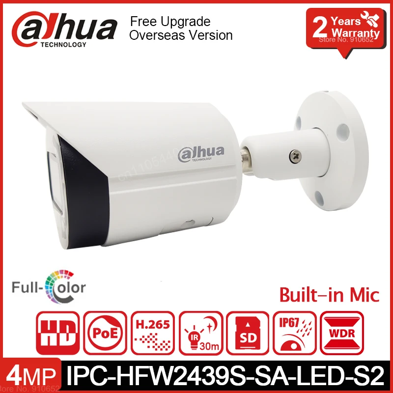 Dahua IPC-HFW2439S-SA-LED-S2 4MP POE IP Camera Security Built-in Mic 24 Hours Full-color IP67 ...