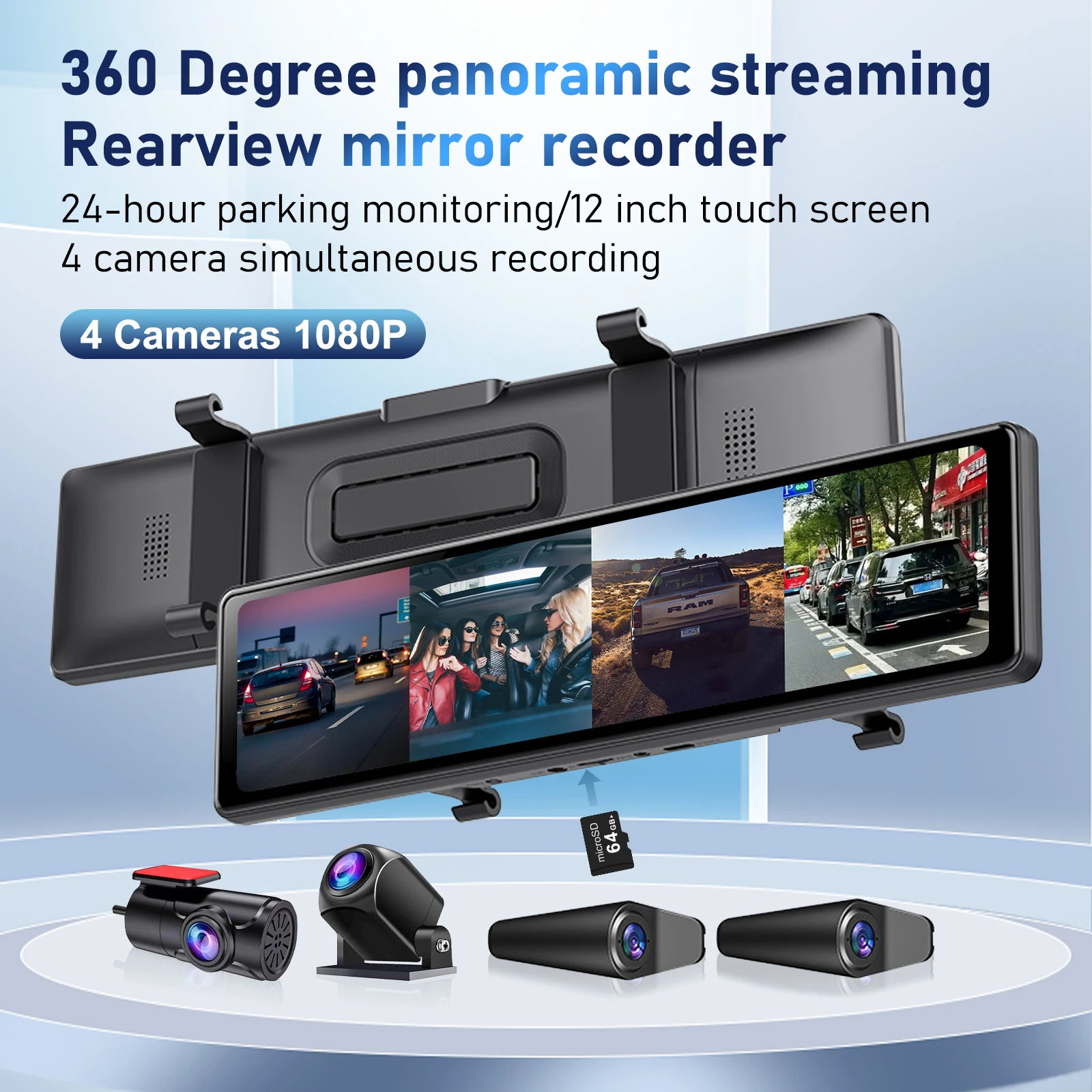 Hot selling 12'' Mirror Camera for Car Touch Screen 4CH Front Rear Side ...