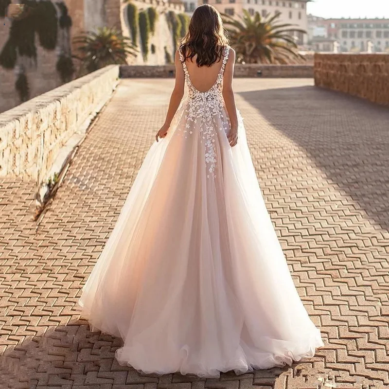 Haute-Couture-Elegant-Beige-Wedding-Dresses-for-Woman-Applique-Flower-V ...