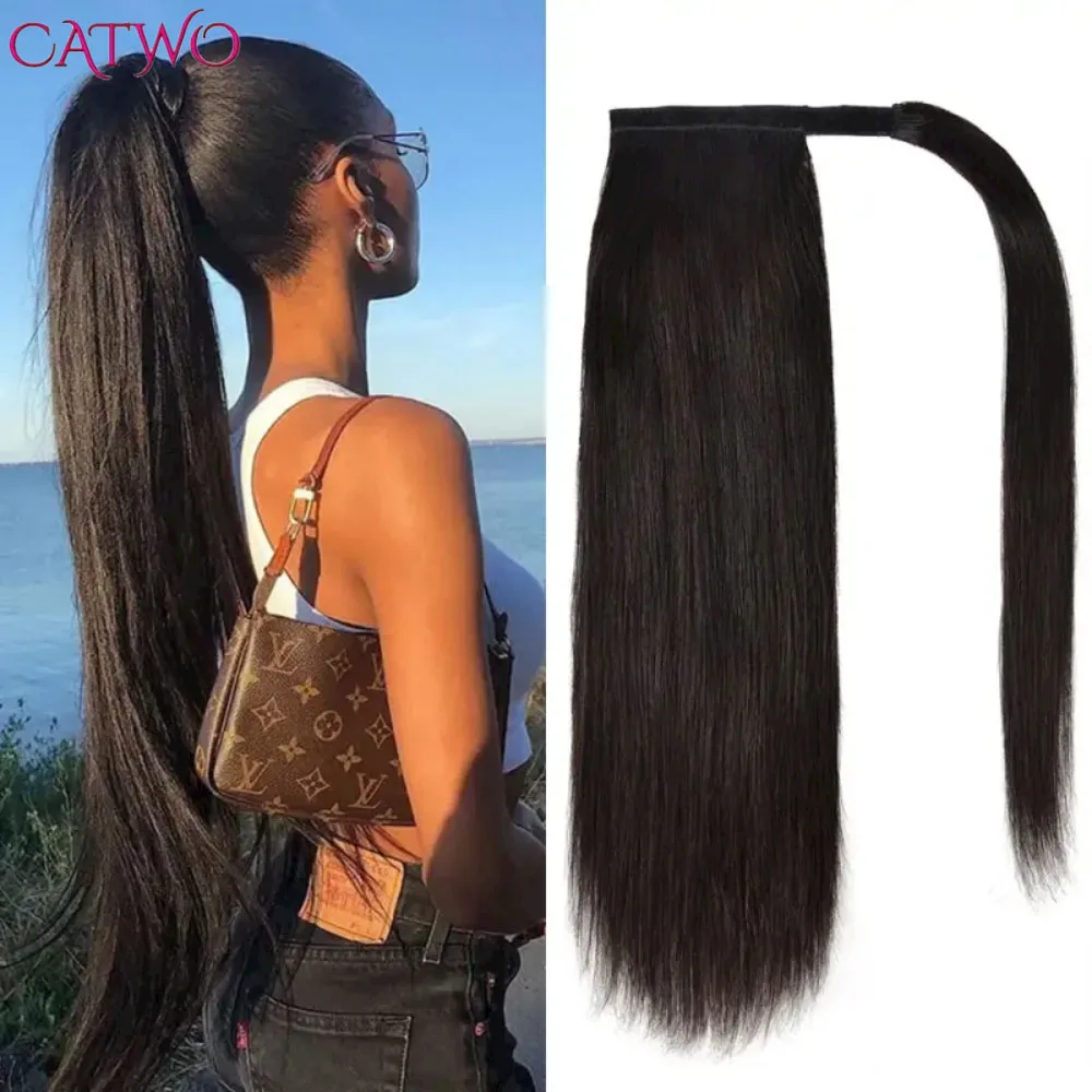 CATWO-Ponytail-Human-Hair-Wrap-Around-Bone-Straight-Brazilian-Remy-Hair ...