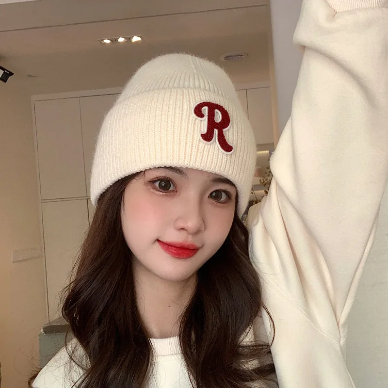 Winter-New-R-Letter-Embroidery-Warm-Skullcap-Women-Lady-Korean-Solid ...