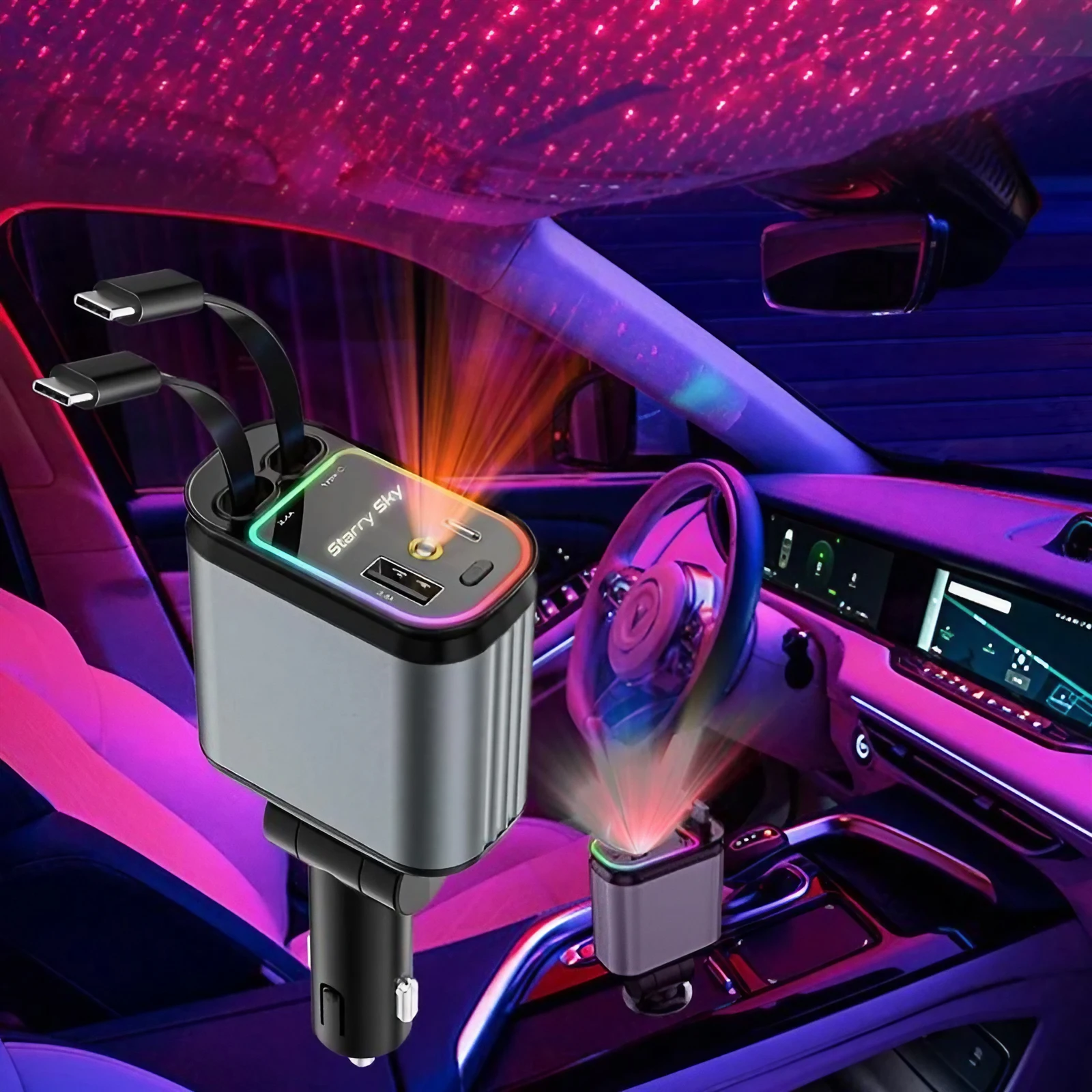 Fast Charging Car Charger 4 In 1 Retractable Car Charger with USB Type ...