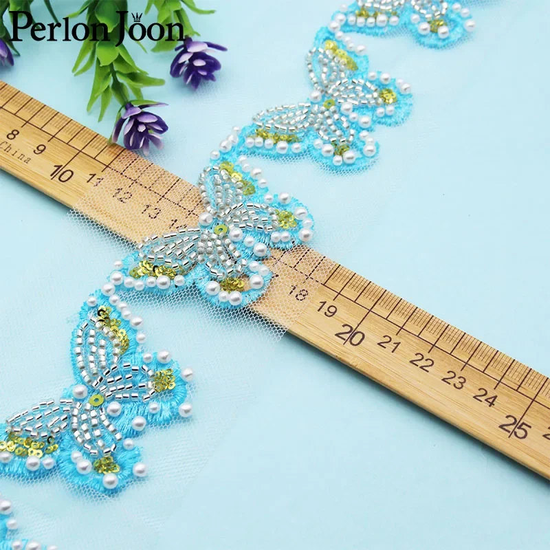 5Yards-Butterfly-Blue-Embroidery-Gold-Sequin-Glass-Bead-Pearl-Imitation ...