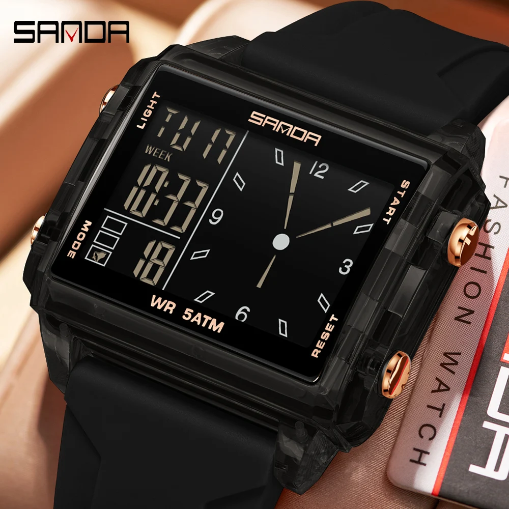 SANDA Fashion Electron Analog Watch for Men Women Waterproof Square ...