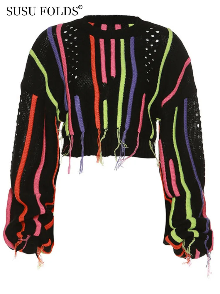 SUSU-Color-Contrast-Tassel-Hole-Knitted-Sweater-Long-Sleeve-Round-Neck ...