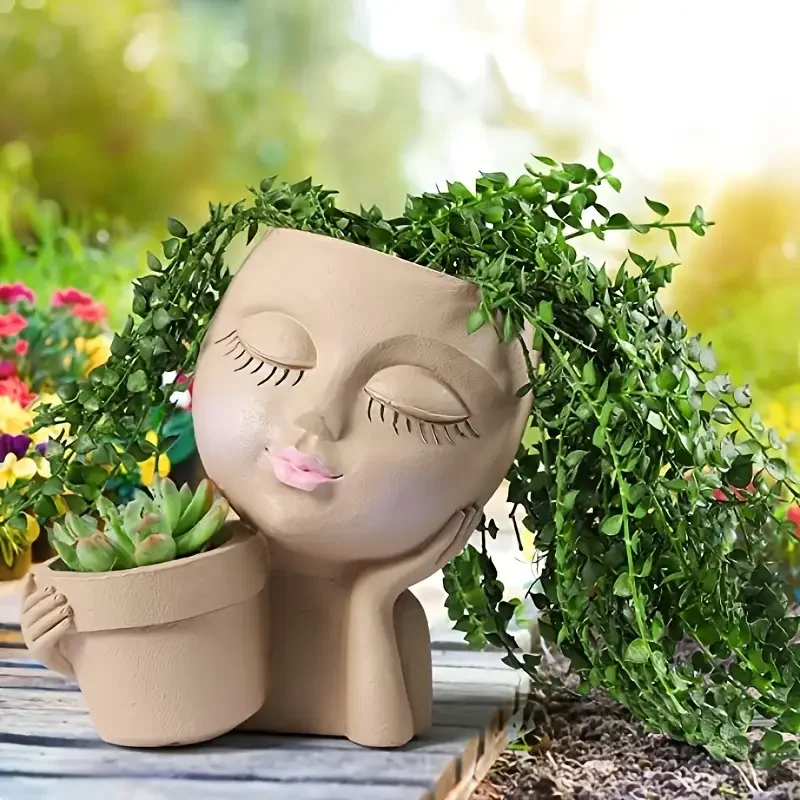 Handheld Basket Girl Face Planter, Resin Crafts, Multi-color Human ...