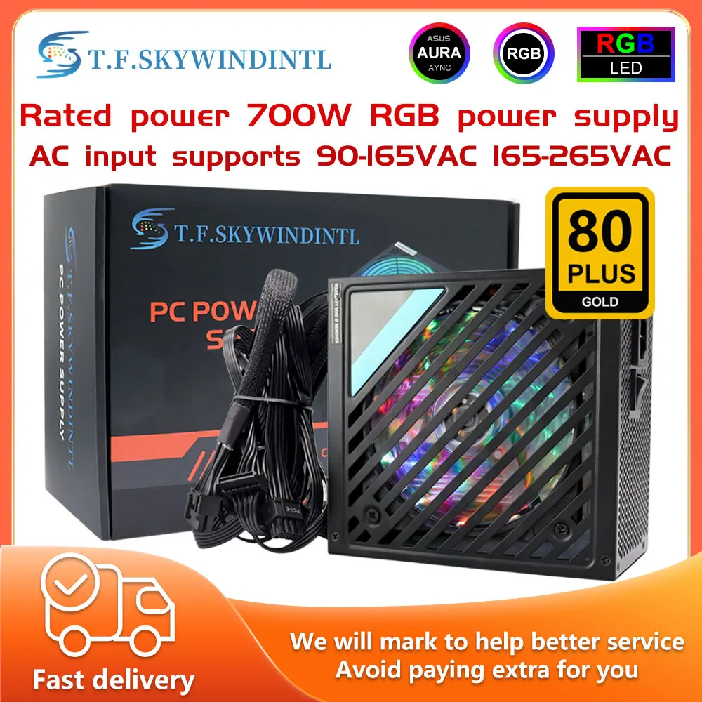 NEW T.F.SKYWINDINTL RGB PC Power Supply Server ATX PSU Rated Real 700W Source Max 750W 24PIN ...