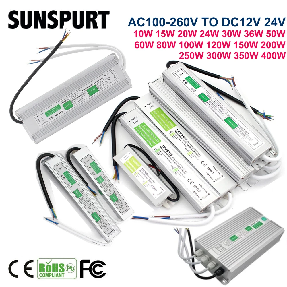 1-5pcs Power Supply Waterproof Ip67 12v 24v 20w 50w 80w 100w 120w 150w 200w 300w Led Driver ...