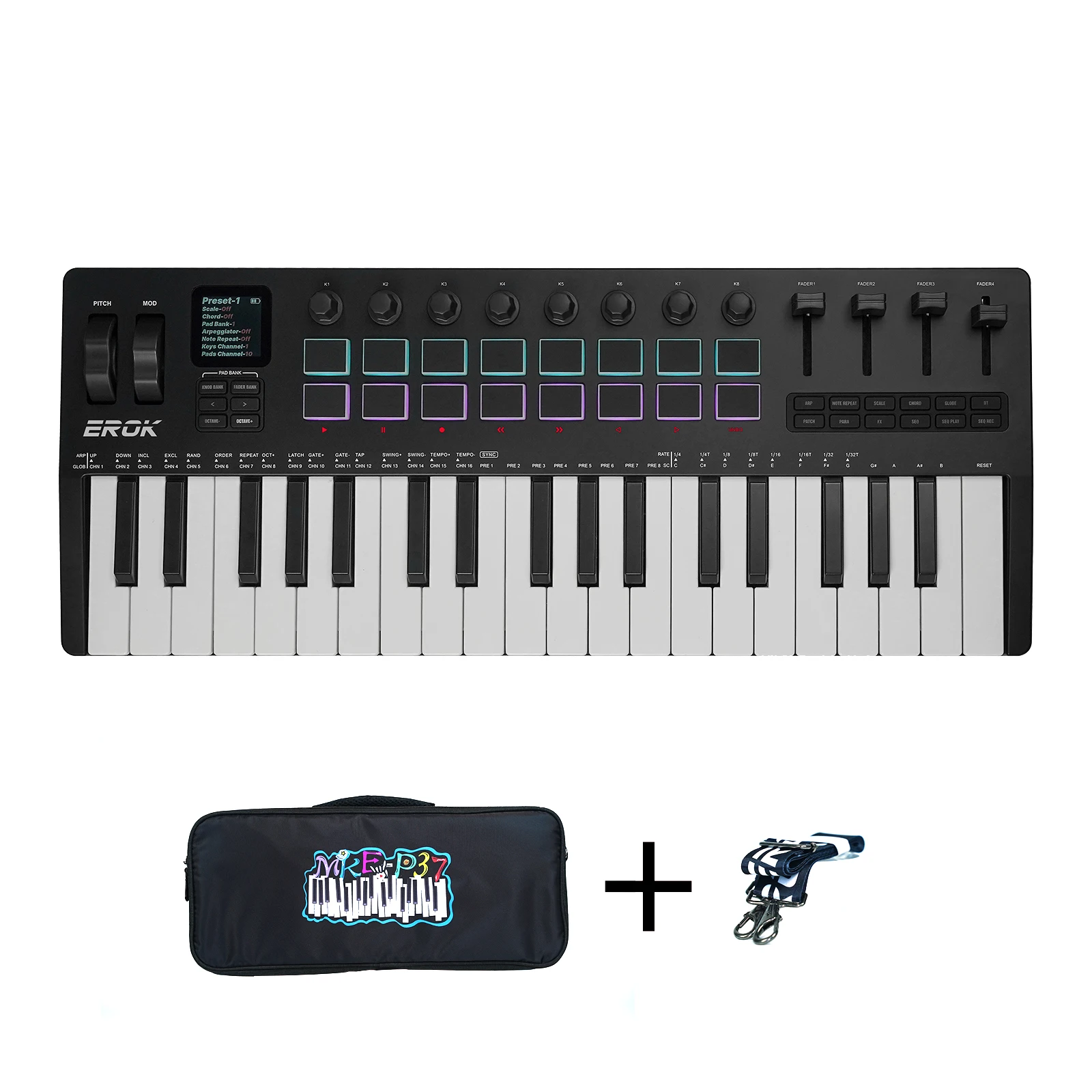 EROK MKE-P37 37 key MIDI Keyboard 16 RGB Backlit Pads 3 Octave Range ...