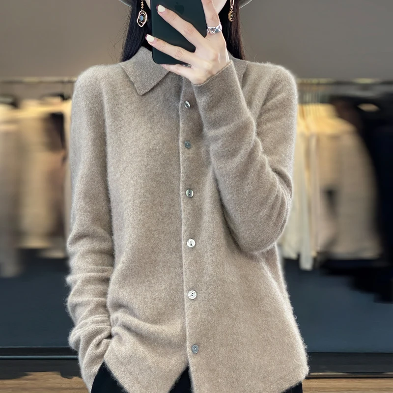 Autumn-Winter-Women-Wool-Blend-Sweater-Polo-Collar-Tailored-Cardigan ...