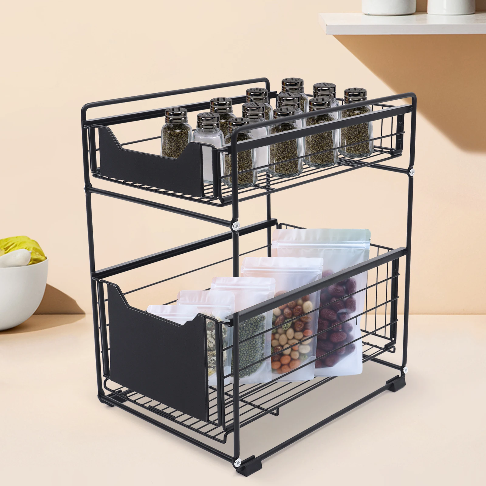 Black-2-Tier-Sliding-Cabinet-Basket-Spice-Rack-Sliding-Basket-Under ...