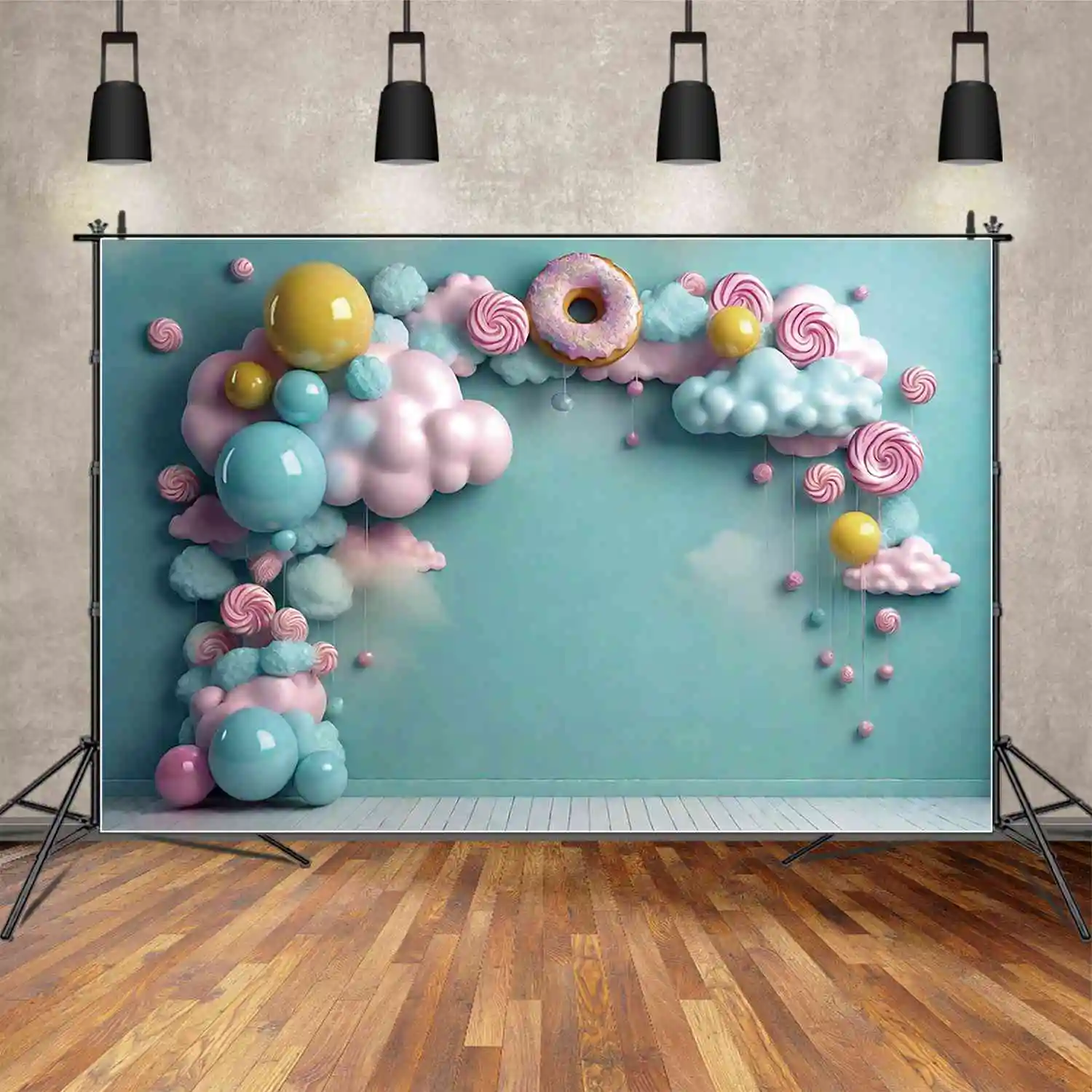 MOON-QG-3D-Candyland-Birthday-1-Year-Backdrop-Baby-Shower-Pink-Clouds ...