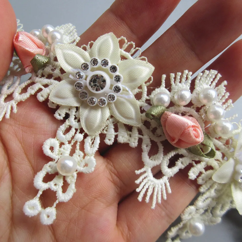 10x Beige Pearl Diamond Lace Flower Embroidered Lace Trim Ribbon For ...