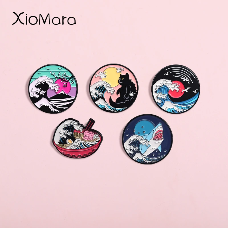 Japanese Classic Art Painting Enamel Pins Ocean Sunrise And Sunset ...