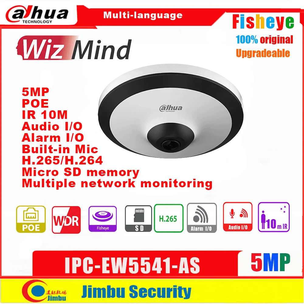 Dahua Wizmind Fisheye Ip Camera 5mp Ipc-ew5541-as Poe Ir10m H.265 Ivs Built-in Mic Sd Card ...