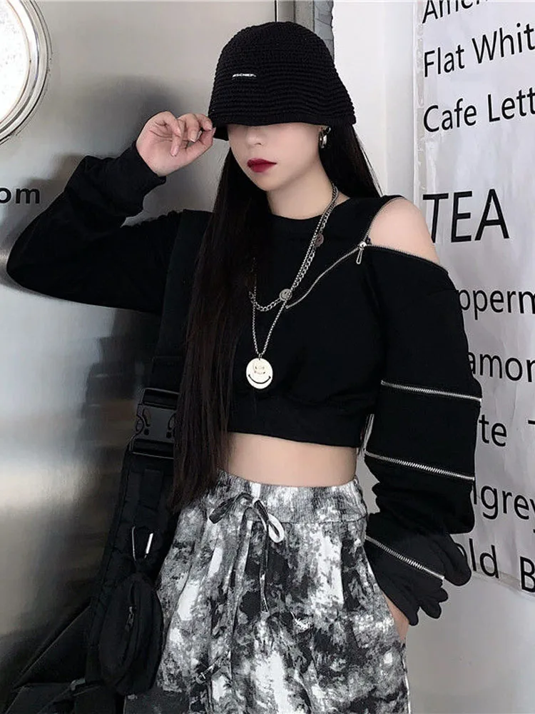2022 Techwear Goth Cropped Emo Hoodies Women Harajuku Off Shoulder ...