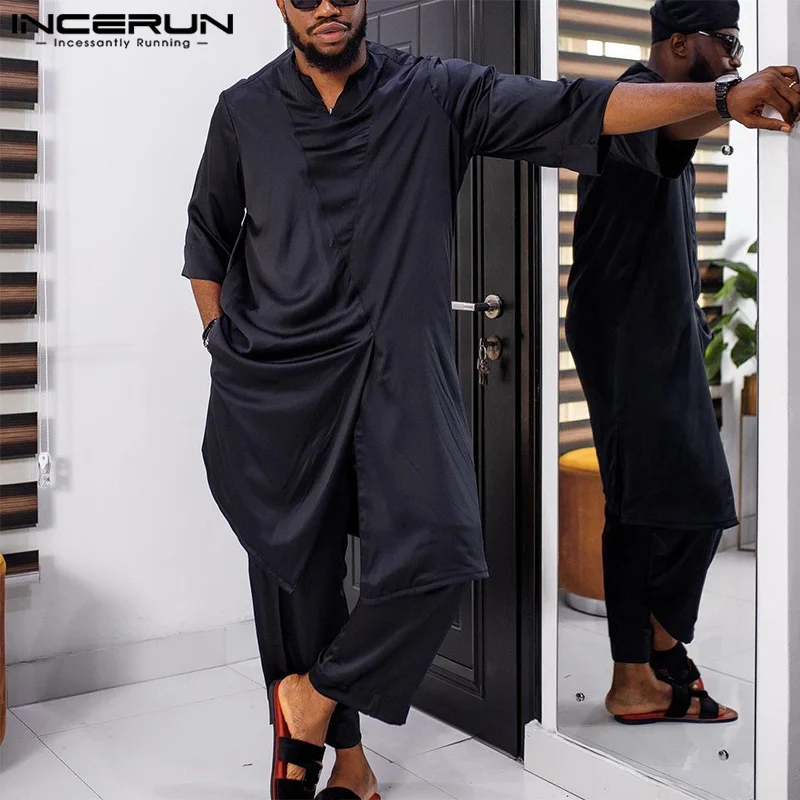 Men-Muslim-Sets-Satin-Solid-Color-V-Neck-Half-Sleeve-Kaftan-Jubba-Thobe ...